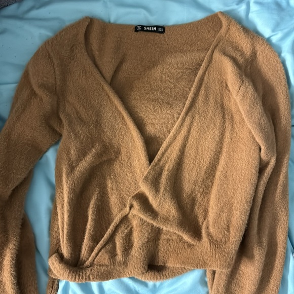 SHEIN | Sweaters | Fuzzy Tan Wrap Sweater | Poshmark